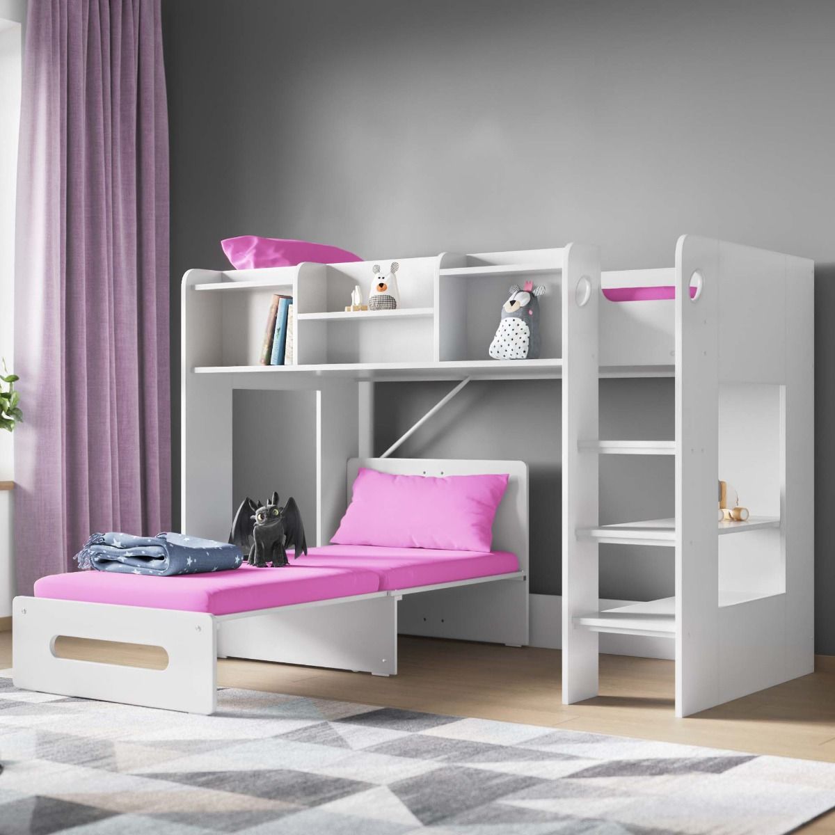 Flair Wizard White Junior Mid High Sleeper With Pull Out Hot Pink Futon ...